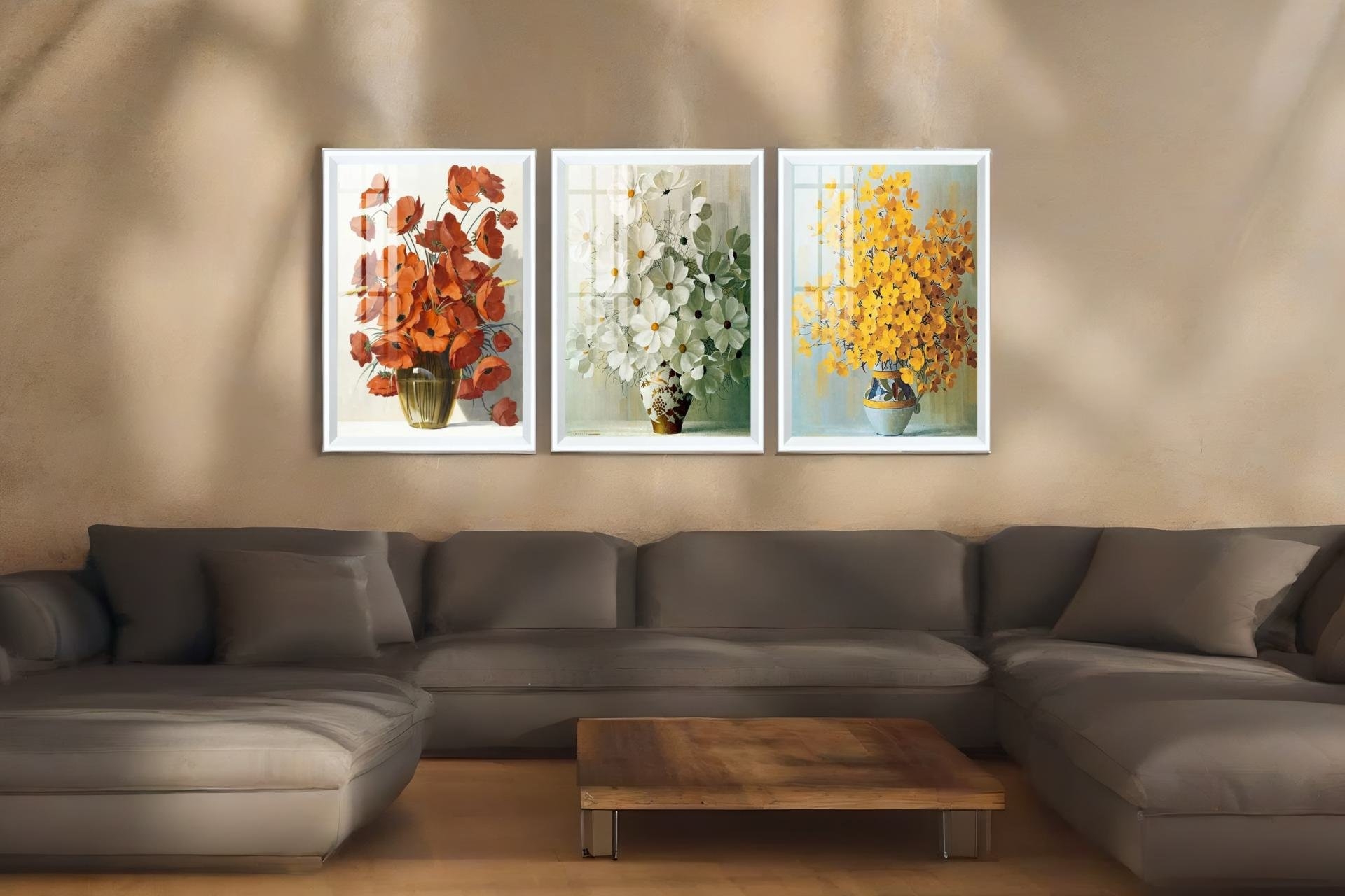 FLOWERS İN A VASE TABLO SETİ, BEYAZ ÇERÇEVE, 33X48