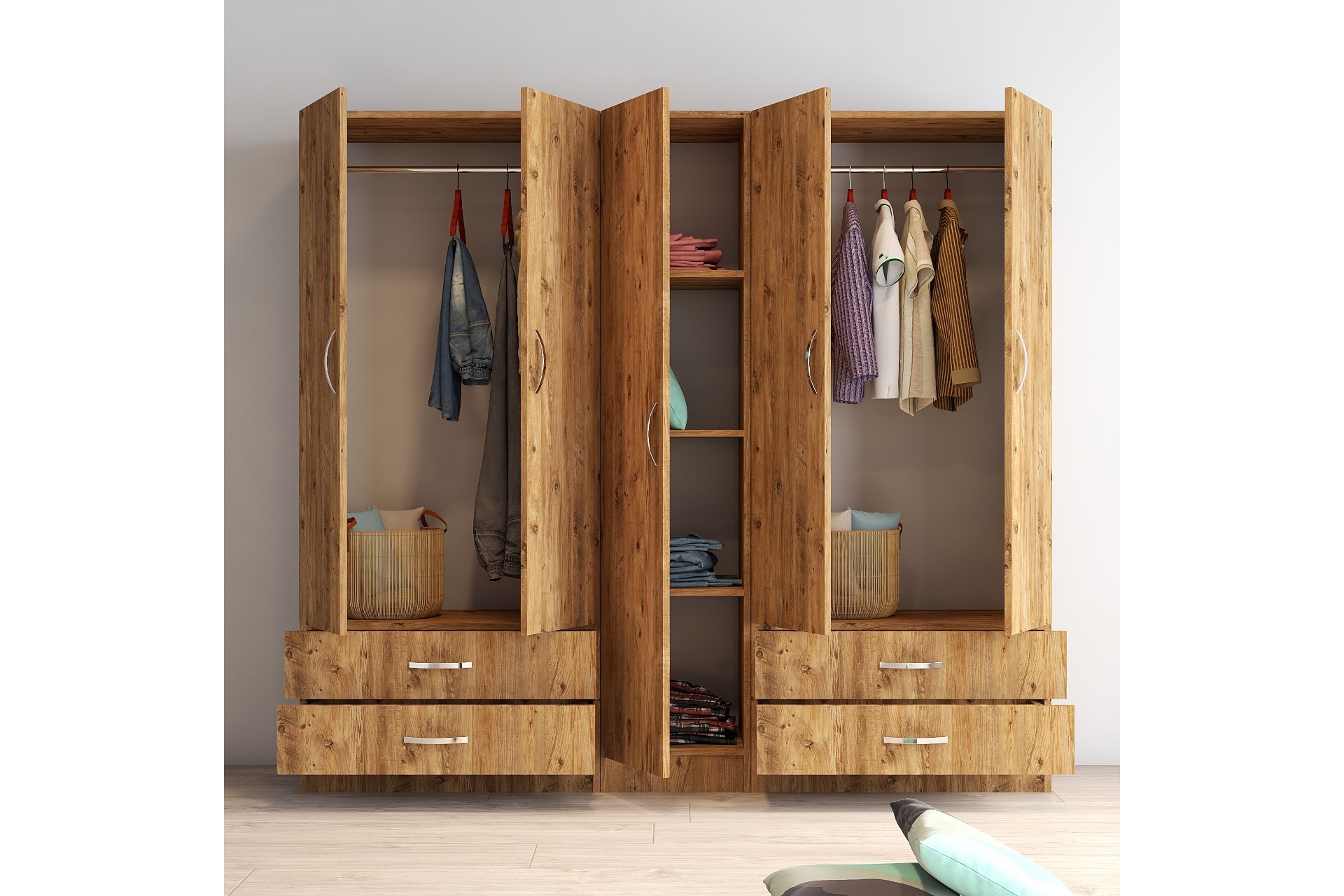 5 KAPAKLI 4 ÇEKMECELİ GENİŞ GARDROP, ÇAM, GRD0702