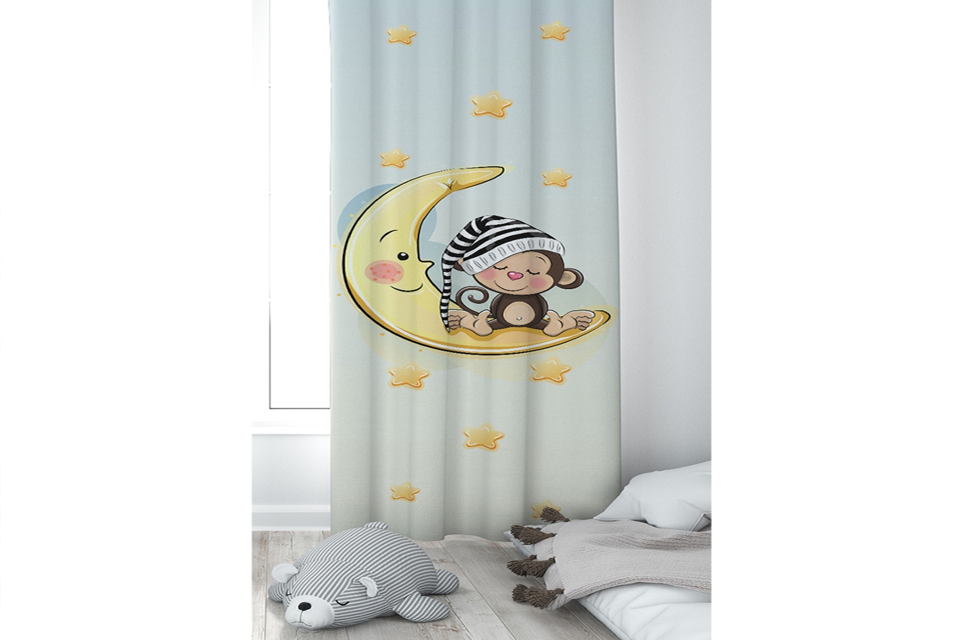 SARI AY VE MAYMUN DESENLİ ÇOCUK ODASI FON PERDE 65X200 FİYATI - Vivense