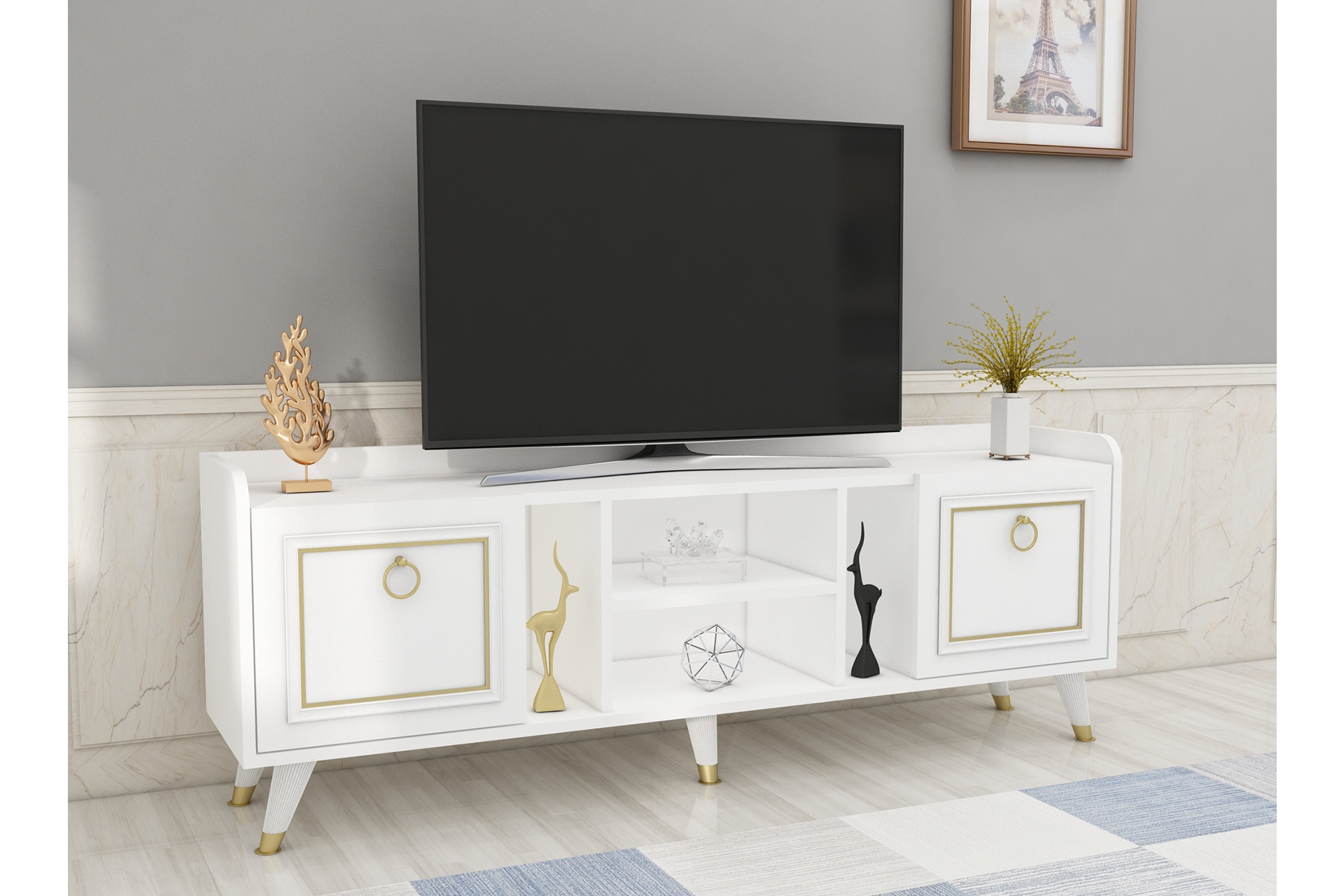 RUDY ALT TV ÜNİTESİ, BEYAZ GOLD, 150 CM