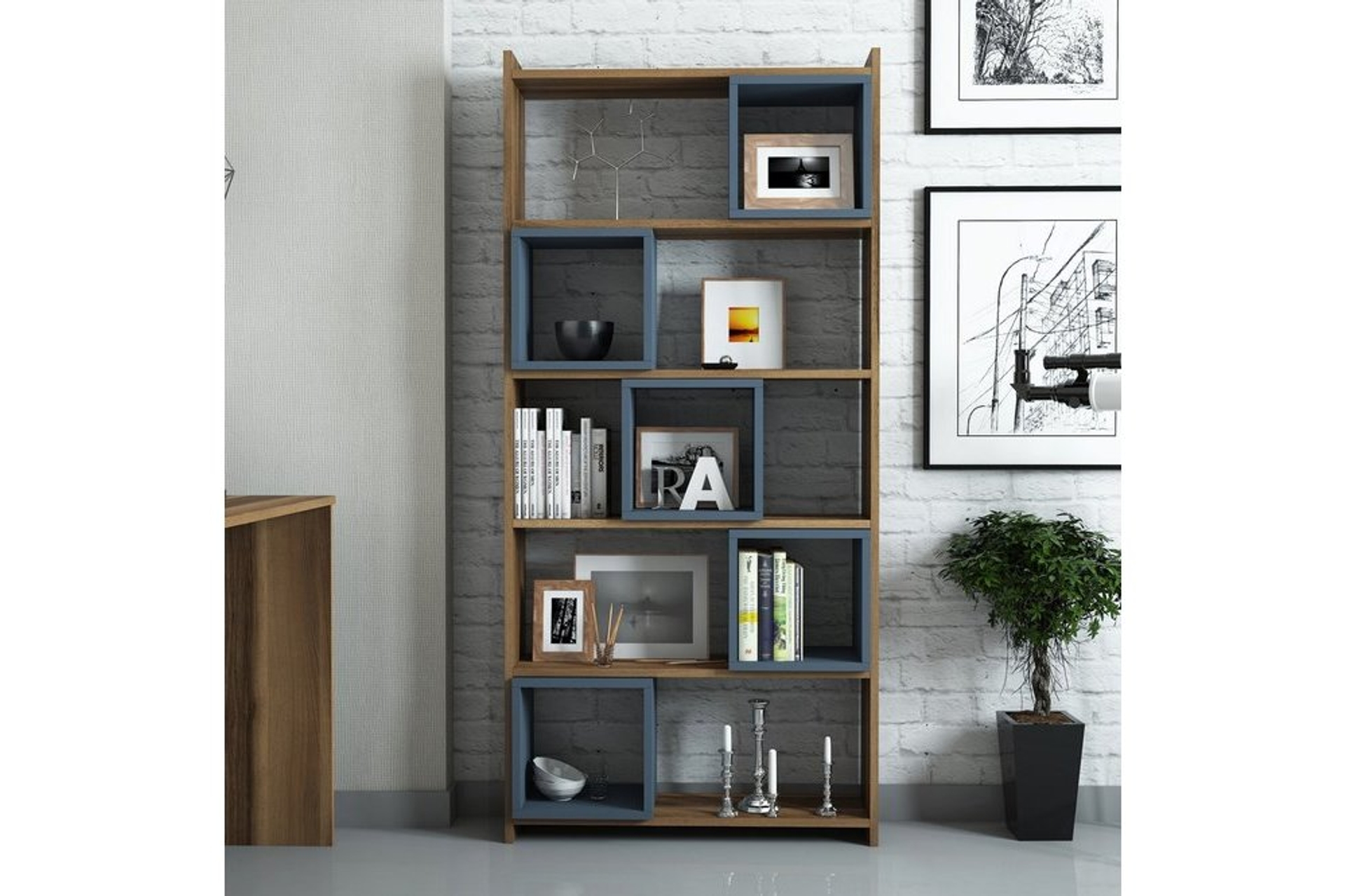 BOX DOLAPLI KİTAPLIK, CEVİZ MAVİ FİYATI - Vivense