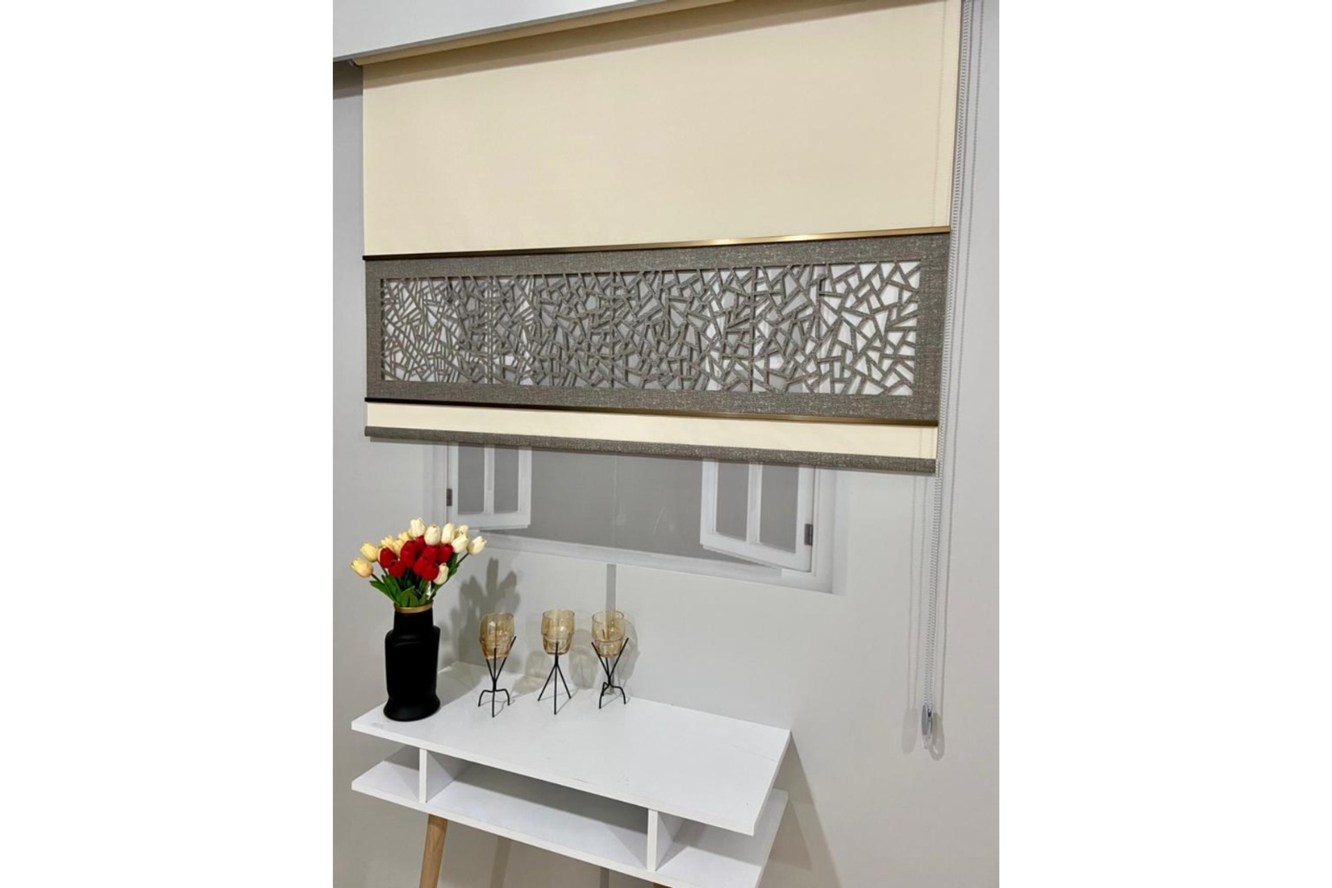 ÇİFT RENK LAZER KESİM BRONZ ÇITALI STOR PERDE, KREM, DSG-VDM03, 100X200
