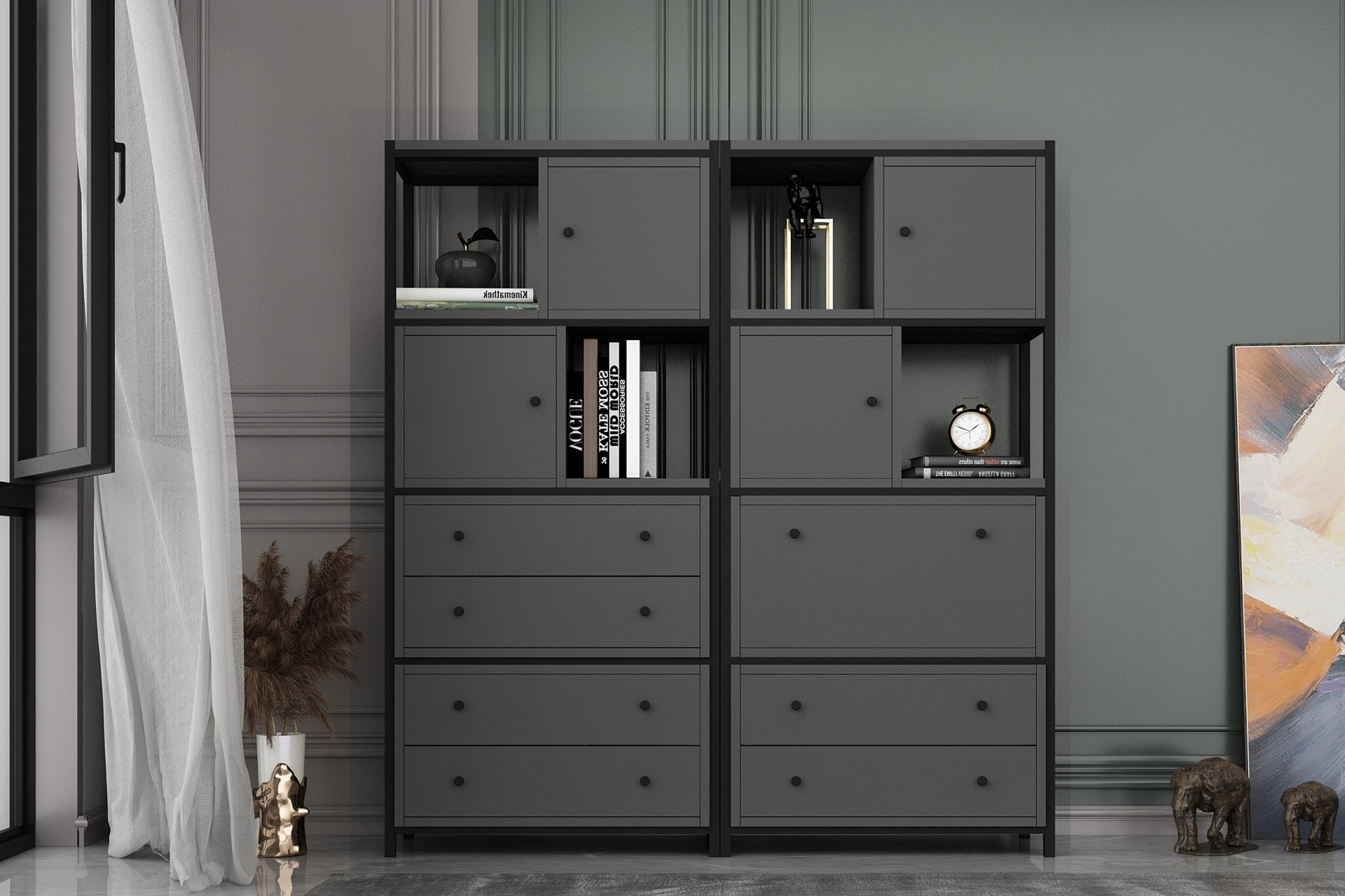 STELL RAFLI DÖRT KATLI DOLAPLI DÜŞER KAPAKLI ÇEKMECELİ METAL KİTAPLIK ...