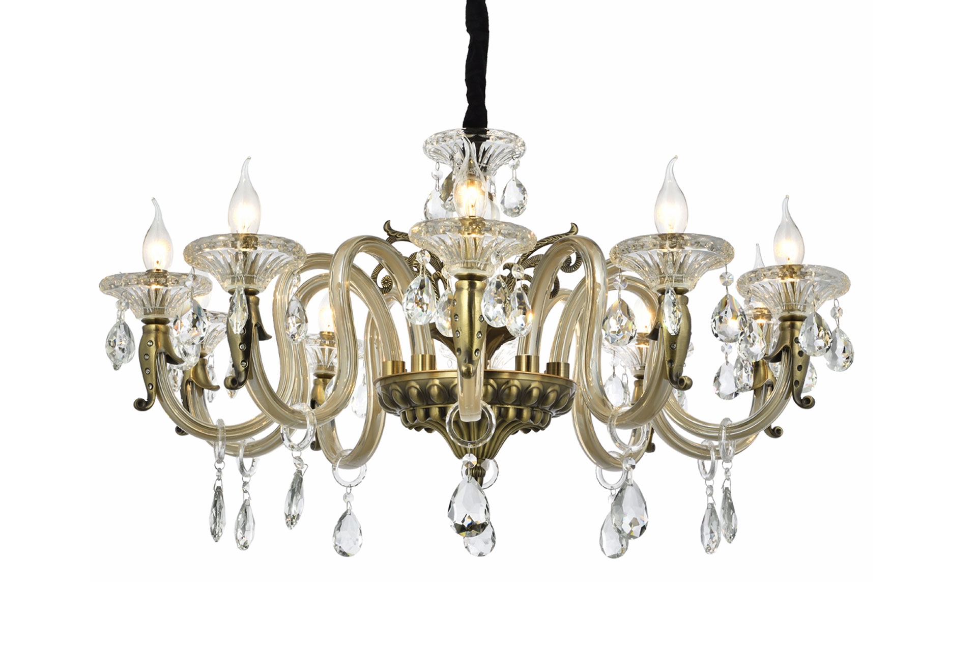 LAMPALUX CAM KOLLU METAL KLASİK 10 KOLLU AVİZE ANTİK SARI 85 CM FİYATI - Vivense