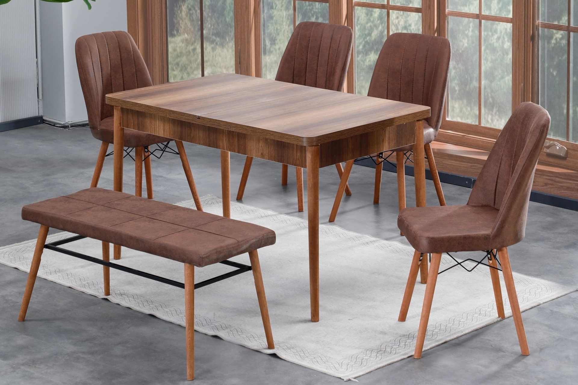 LAJMİX BAROK AÇILIR MUTFAK MASA TAKIMI, 4 SANDALYE+PUF, KAHVERENGİ ...