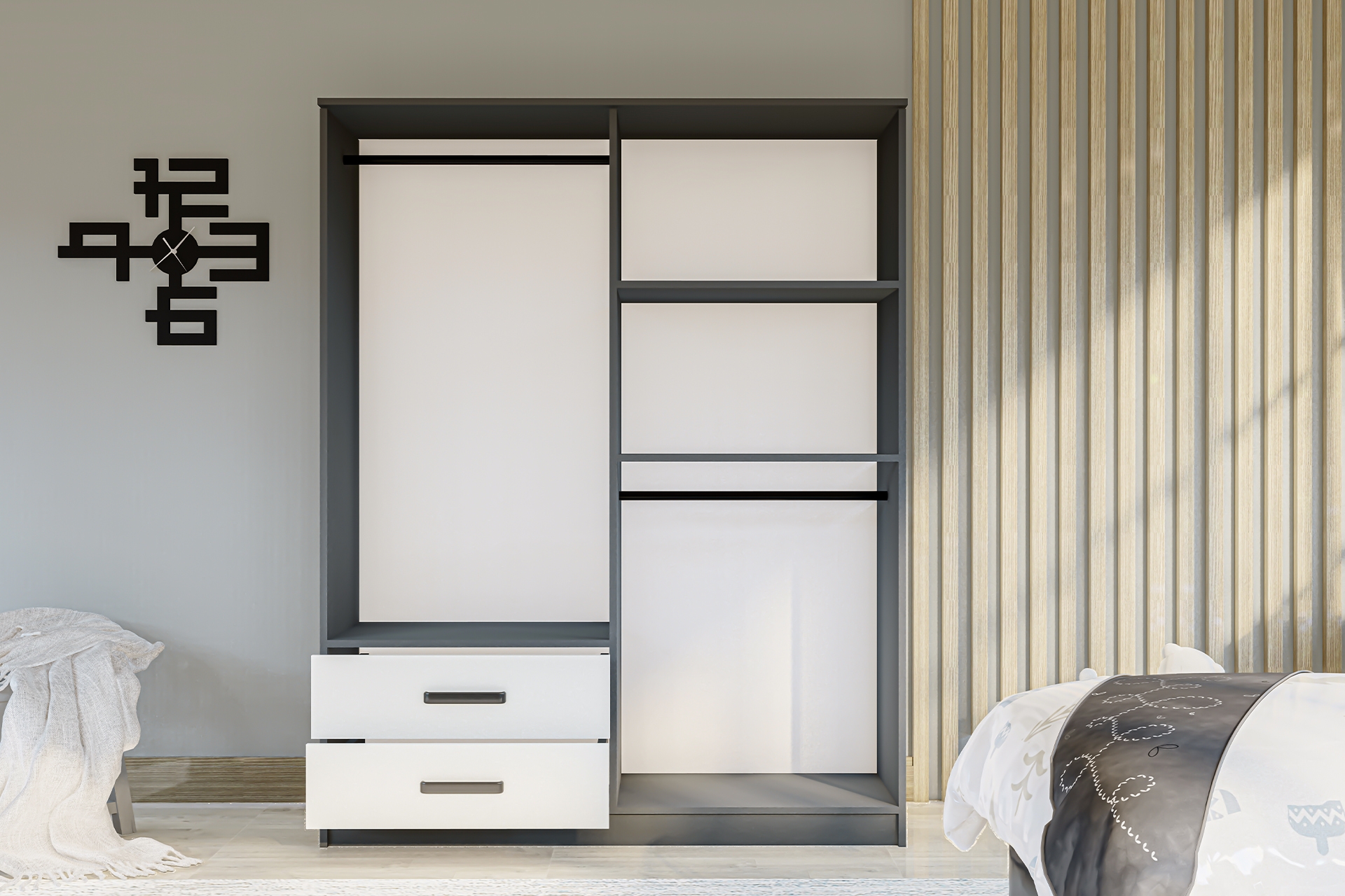 GM 063 NOVADO ANTRASİT GRİ - BEYAZ SİYAH KULPLU AYNASIZ GARDIROP FİYATI - Vivense