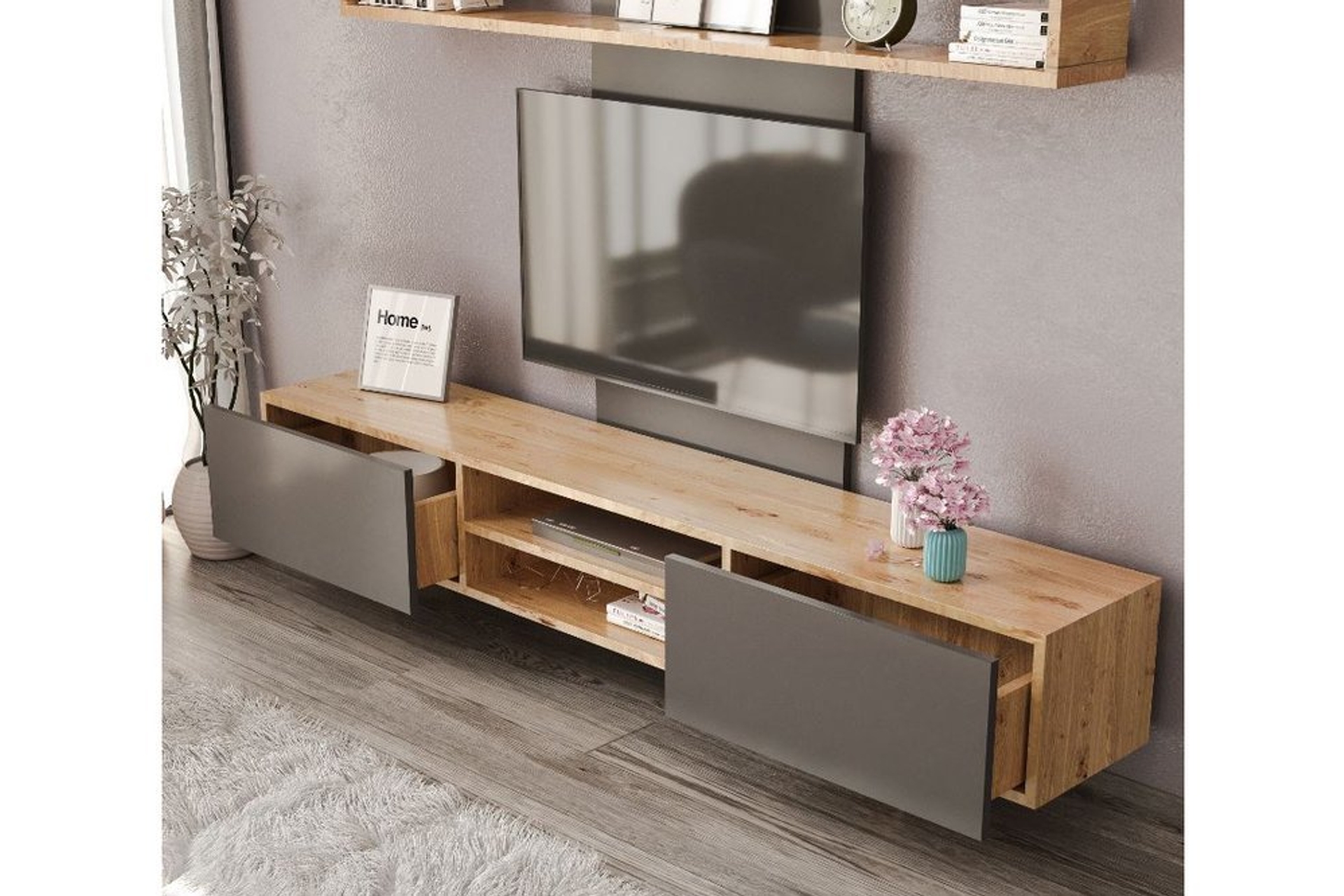 ASSOS TV ÜNİTESİ, ANTRASİT SAFİR MEŞE, 180 CM FİYATI - Vivense