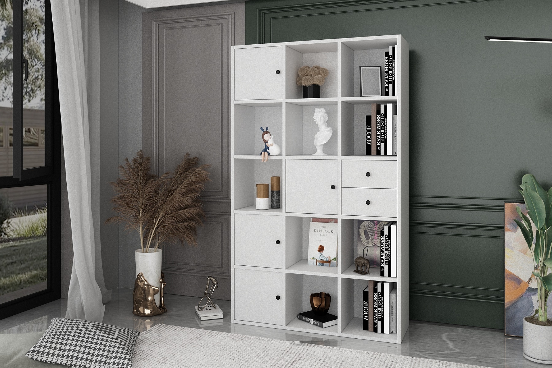 BKCONCEPT 4 KAPAKLI ÇEKMECELİ RAFLI KİTAPLIK, 97 CM, BEYAZ, KTP-1075-Ç