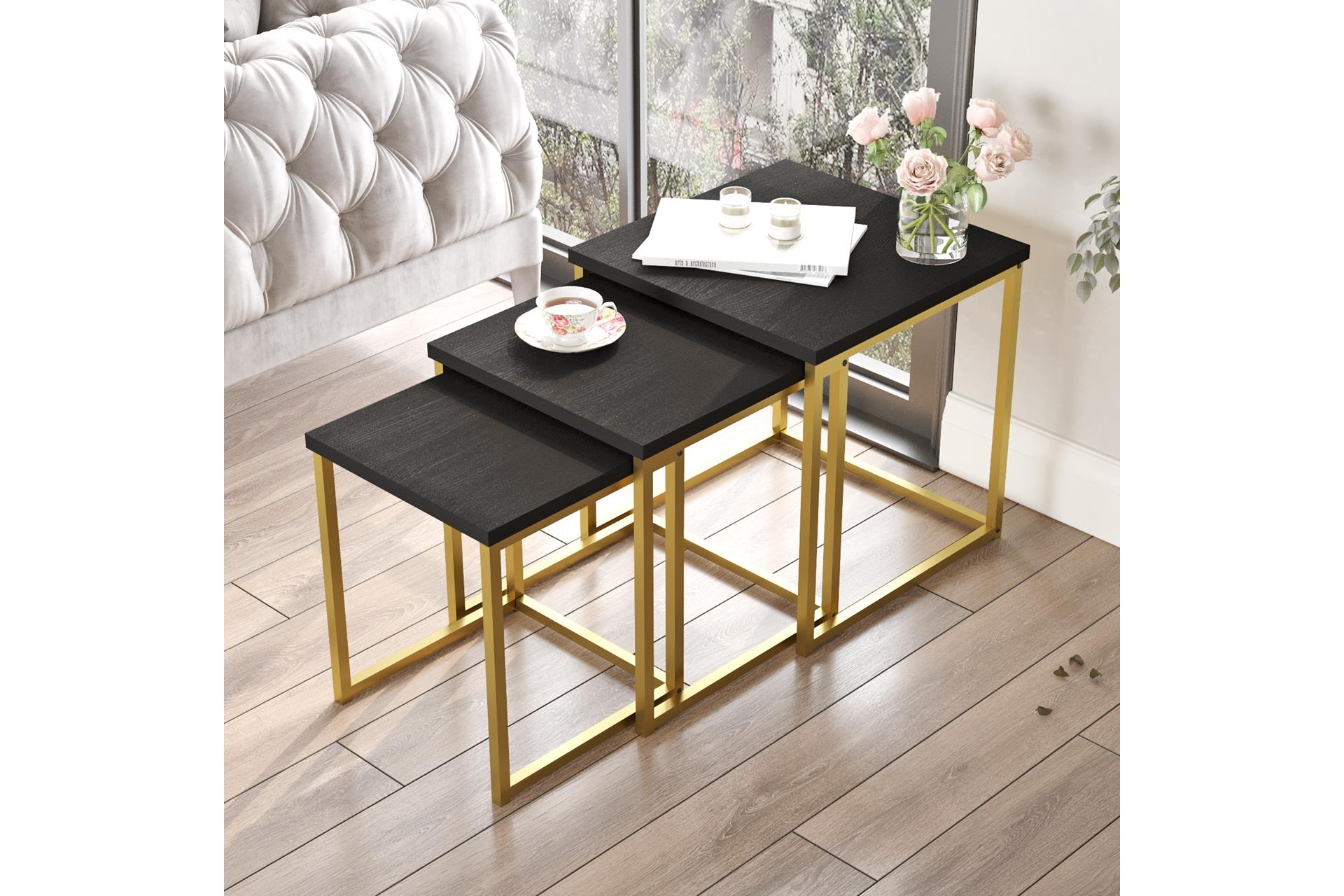 ATLANTİS METAL SEHPA, ÜÇLÜ, GOLD SİYAH