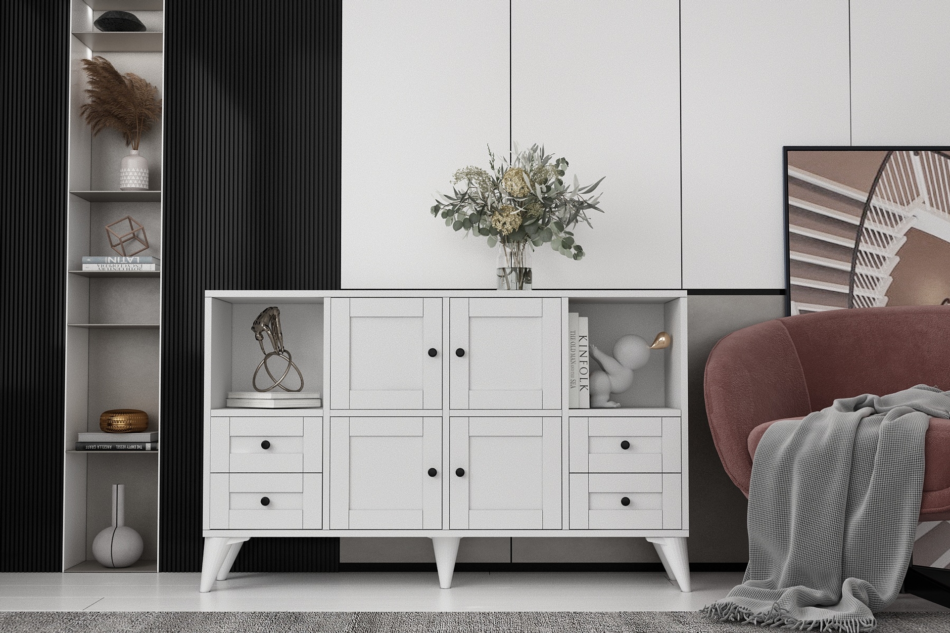 TOWN AYAKLI KONSOL KNS-1267, 4 KAPAKLI 4 ÇEKMECELİ RAFLI, BEYAZ FİYATI ...