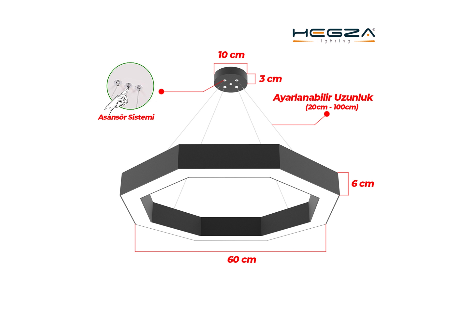 HEGZA LIGHTING OCTAGON LED AVİZE, SİYAH KASA BEYAZ IŞIK FİYATI - Vivense