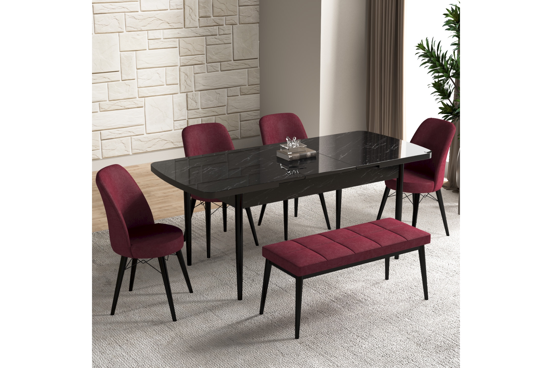 AY SERİSİ 1 MASA + 4 SANDALYE + 1 BENCH MUTFAK MASA TAKIMI, MERMER ...