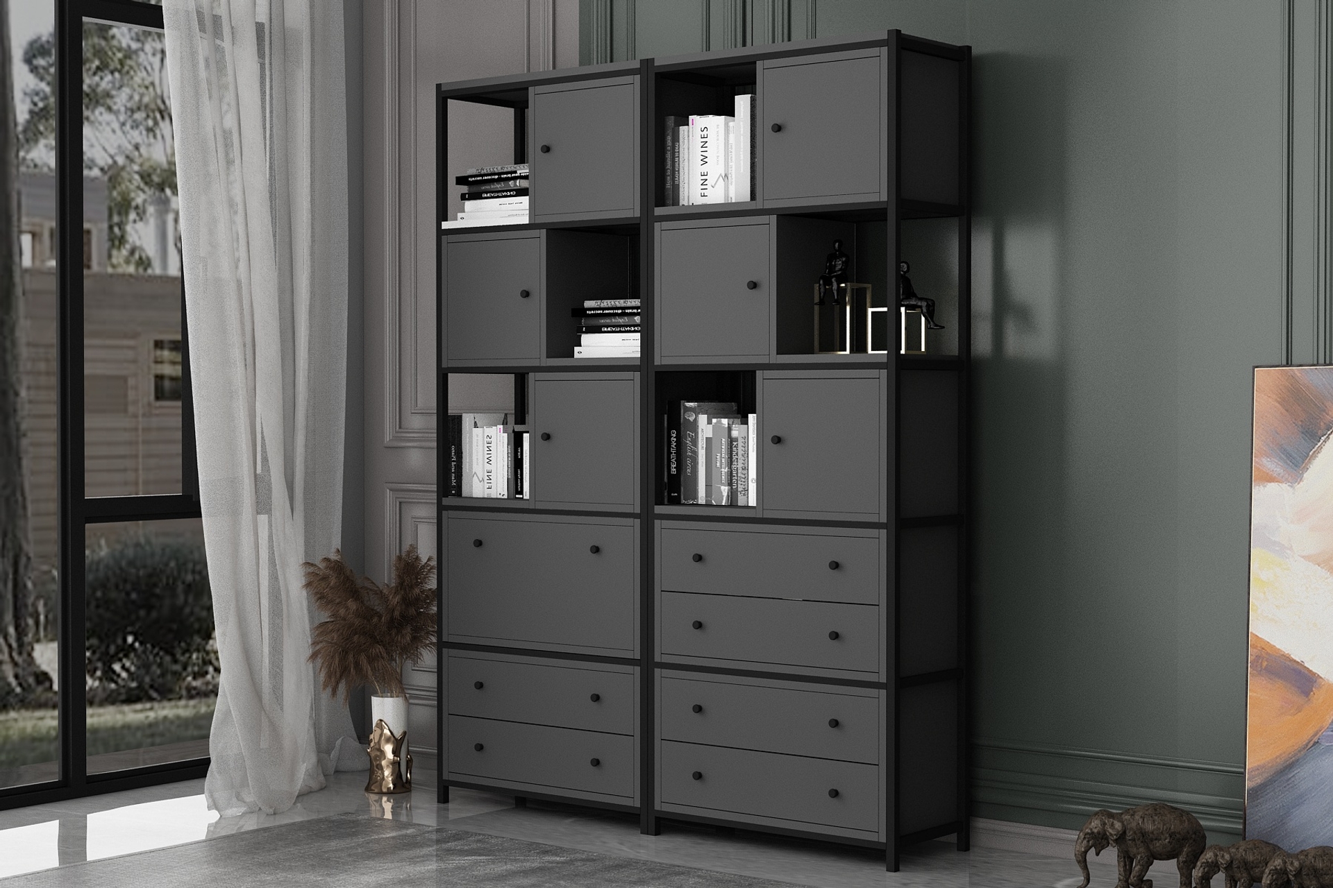 STELL RAFLI BEŞ KATLI DOLAPLI DÜŞER KAPAKLI ÇEKMECELİ METAL KİTAPLIK ...