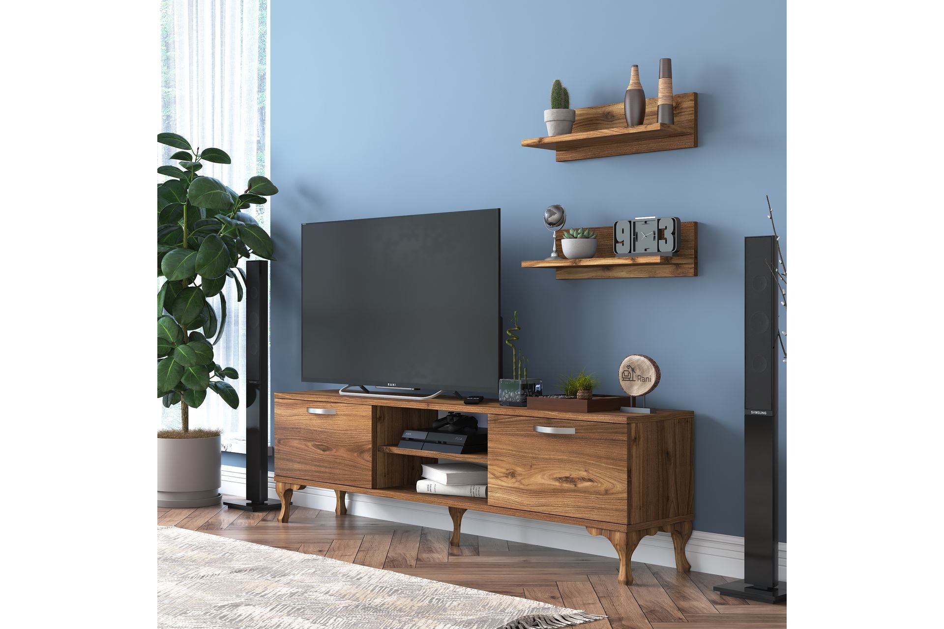 RANİ A4 TV ÜNİTESİ, DUVAR RAFLI KİTAPLIKLI, CEVİZ, 150 CM FİYATI - Vivense