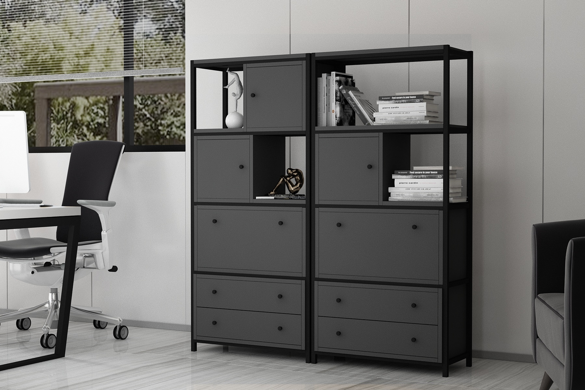 STELL RAFLI DÖRT KATLI DOLAPLI DÜŞER KAPAKLI ÇEKMECELİ METAL KİTAPLIK ...