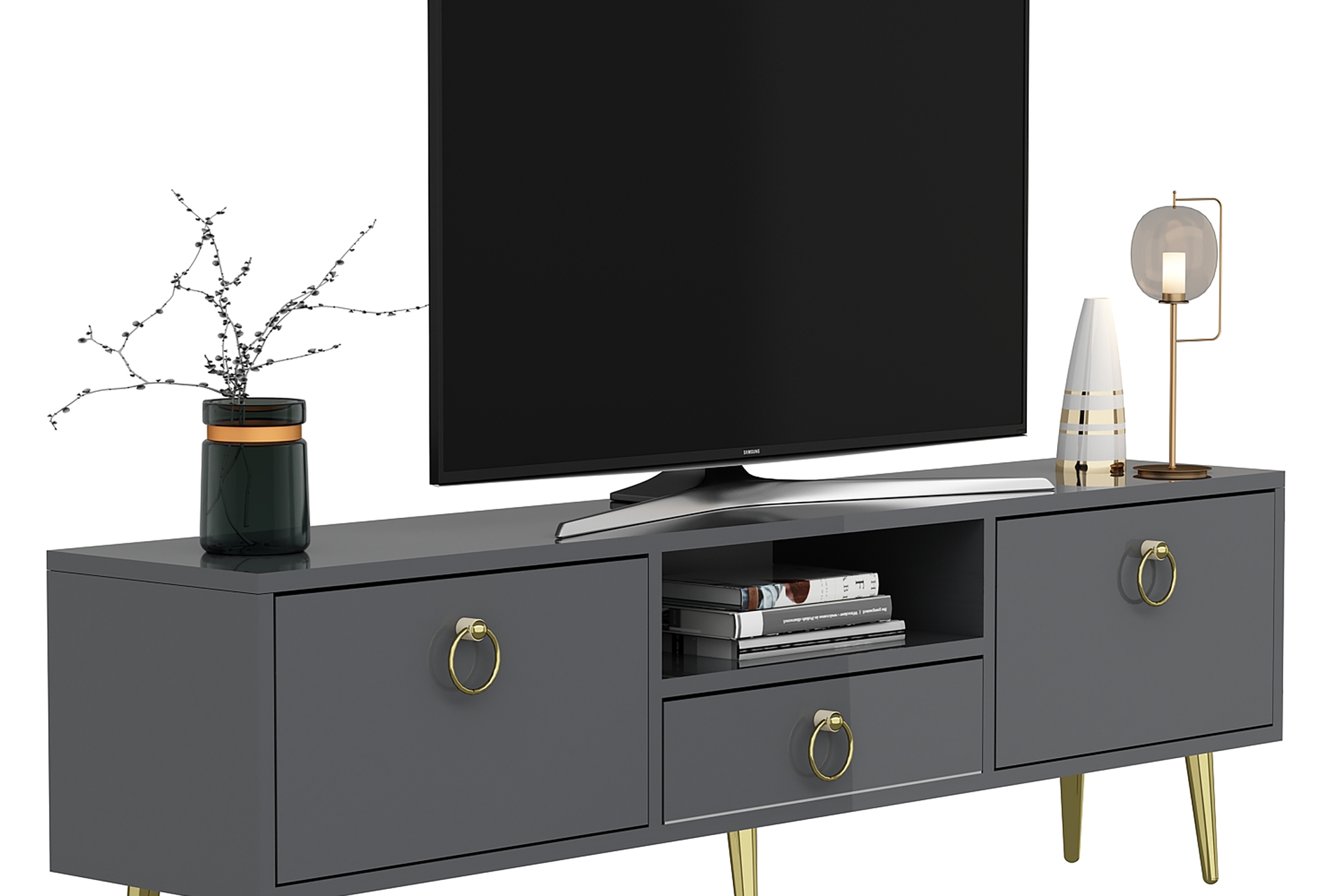 DROP TV ÜNİTESİ, 2 KAPAKLI RAFLI ÇEKMECELİ, ANTRASİT FİYATI - Vivense