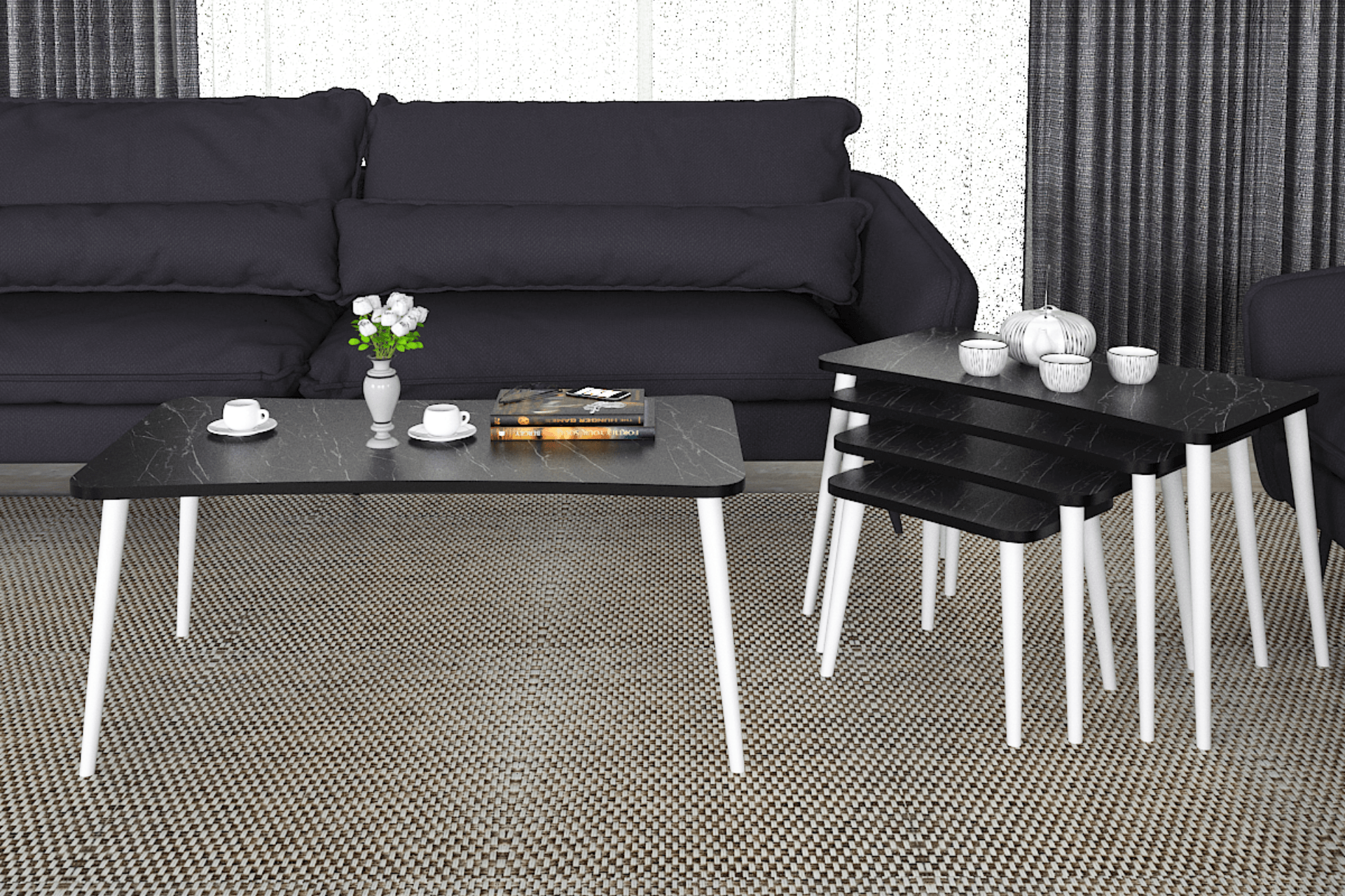 ALANUR XL SEHPA SETİ, BEYAZ AYAK, SİYAH MERMER FİYATI - Vivense