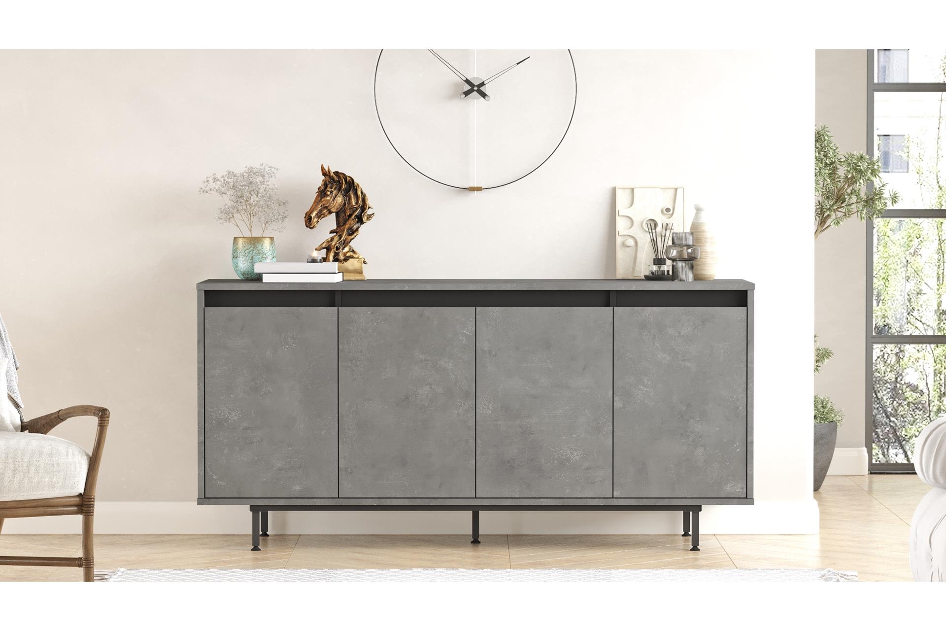 ARES KONSOL, 4 KAPAKLI, METAL AYAKLI, BETON SİYAH
