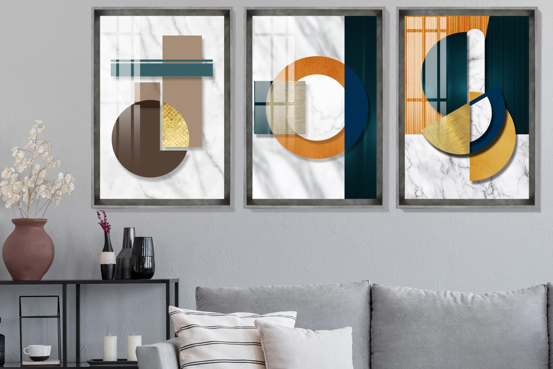 MODERN ABSTRACT SHAPES 3 TABLO SETİ, INOX ÇERÇEVE, 33X48