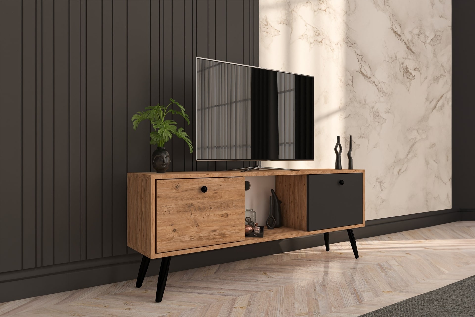 ALONEX FORCE TV ÜNİTESİ, ATLANTİK ÇAM ANTRASİT, 140 CM