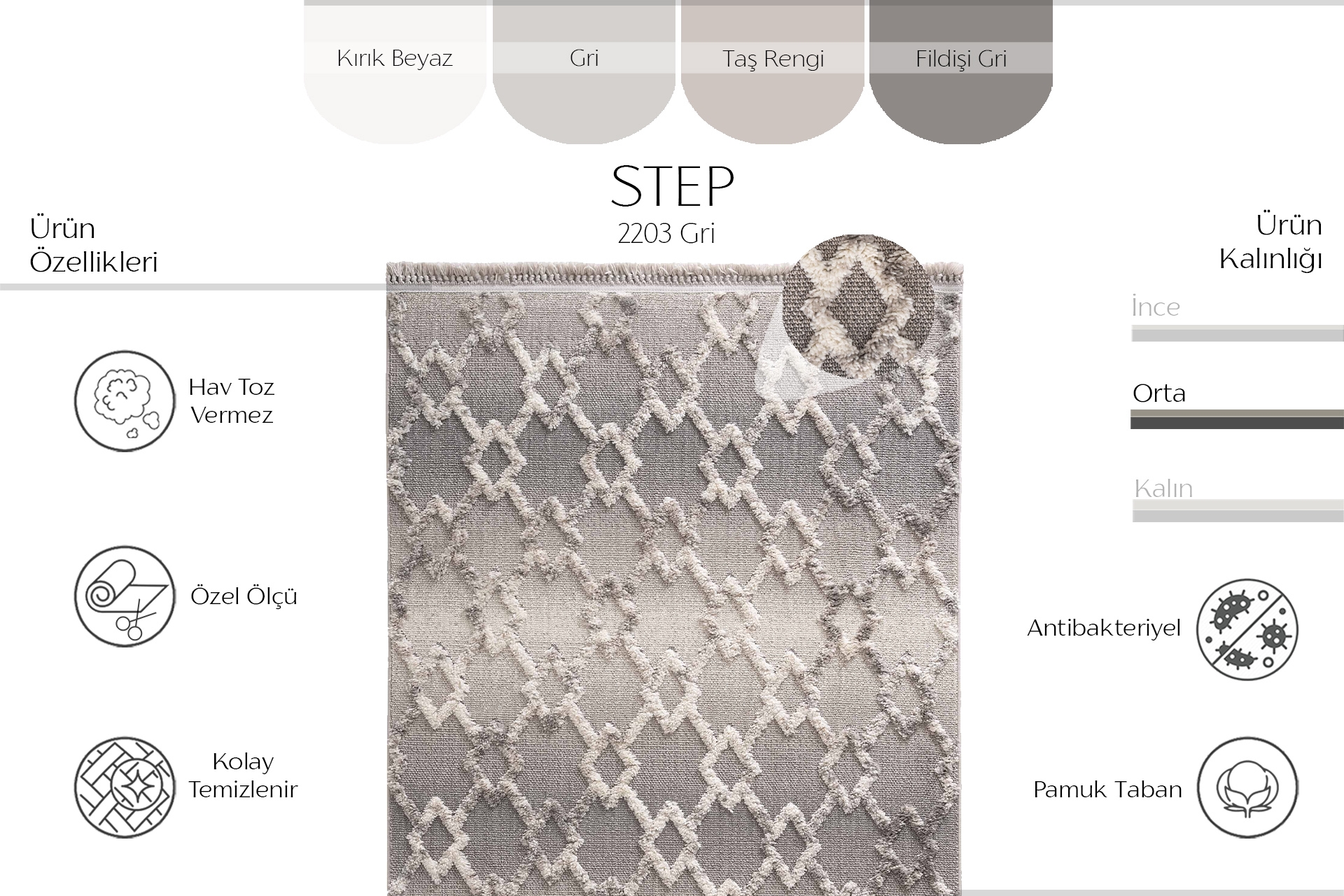 COOL BUKLELİ SALON HALISI ENTİ STEP 2203, GRİ 120X400