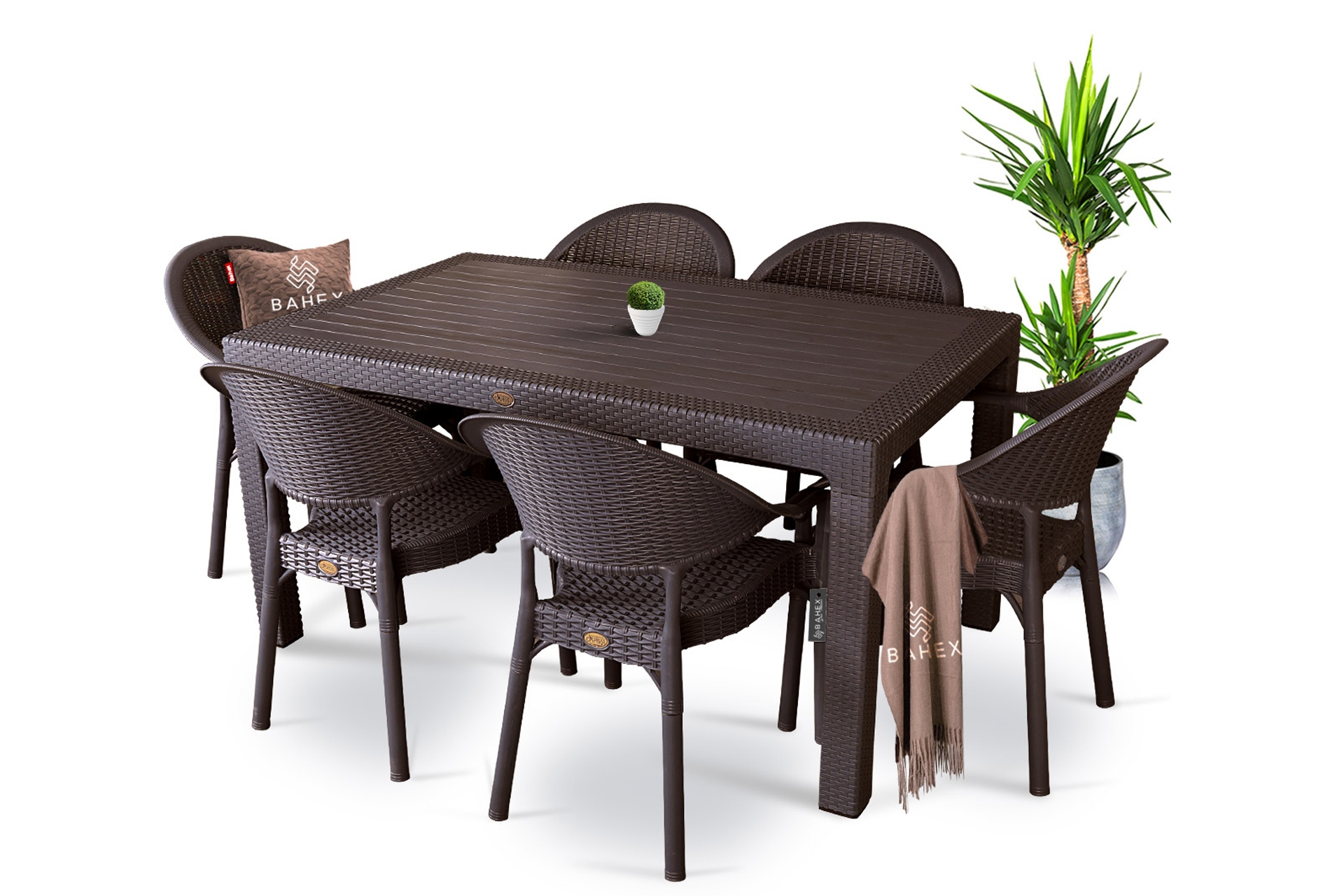 BAHEX BAMBU PRO CAMSIZ RATTAN ALTILI MASA TAKIMI, 90X150CM, KAHVERENGİ ...