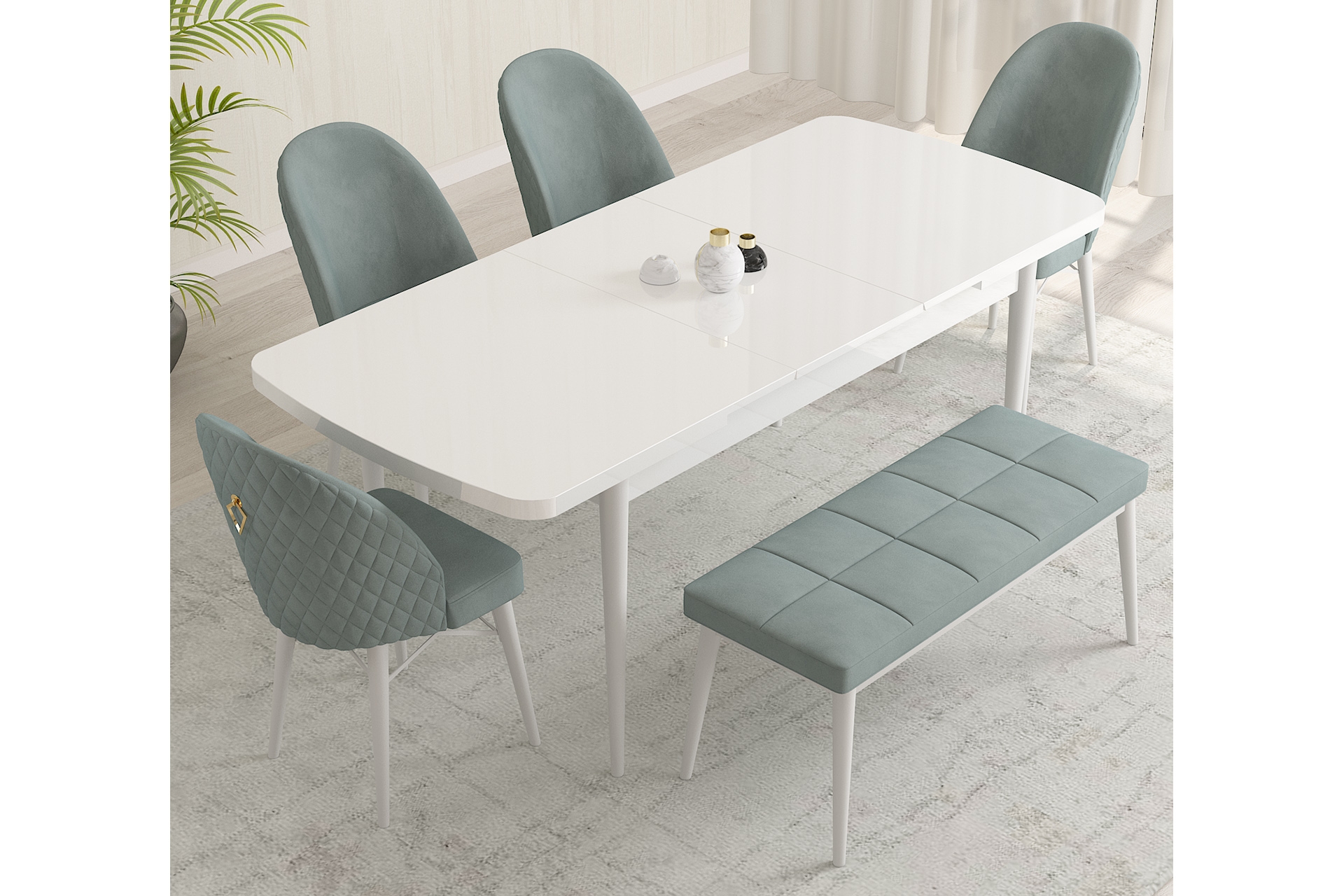 MARSİLYA AÇILABİLİR MUTFAK MASASI TAKIMI 0058, DÜZ BEYAZ, SU YEŞİLİ ...