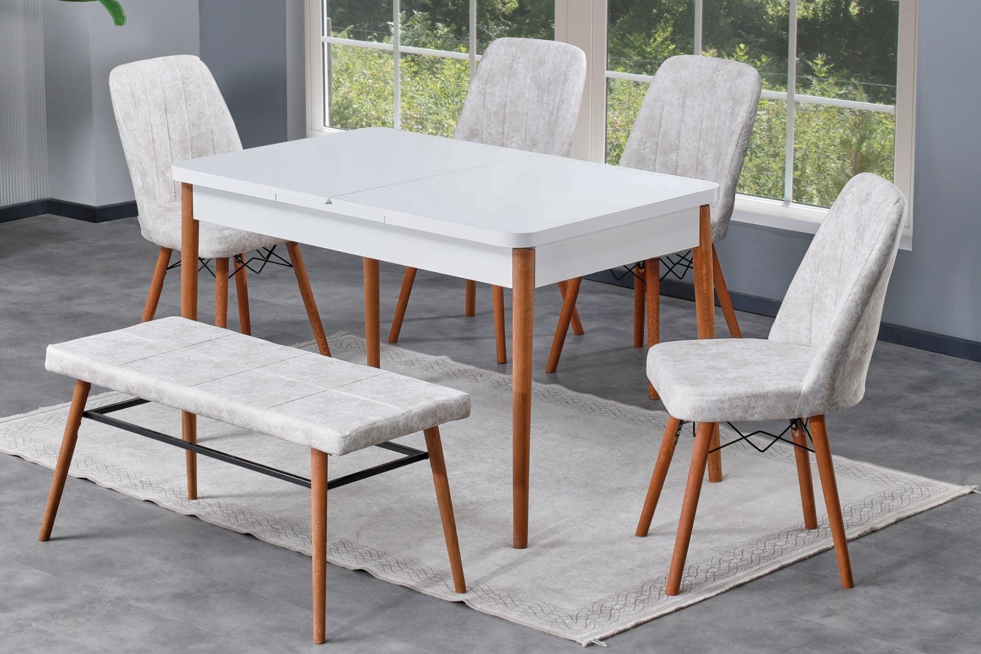 LAJMİX BEYAZ AÇILIR MUTFAK MASA TAKIMI, 4 SANDALYE+PUF, KREM, 130X80 ...