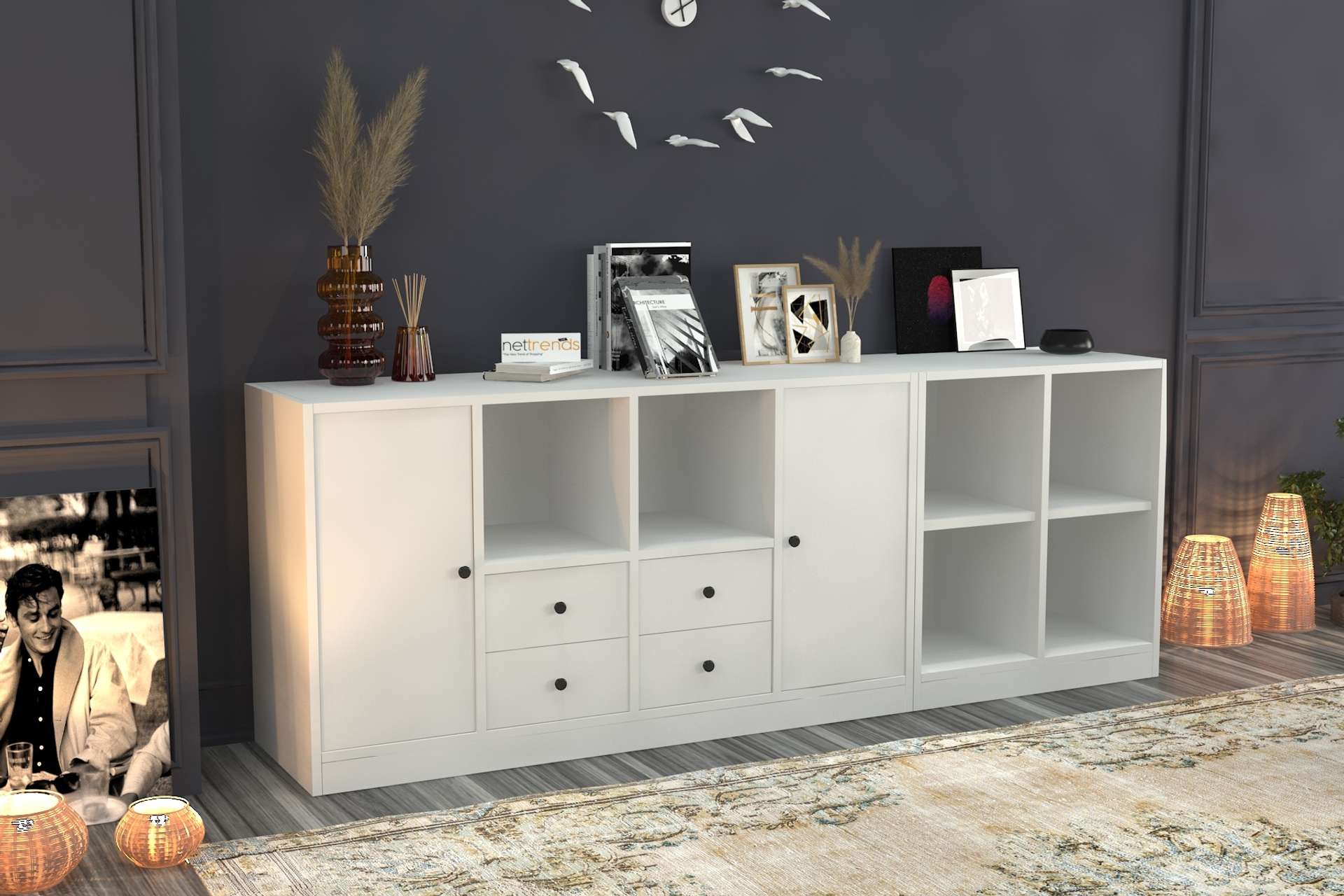 ASLI VİTRİN KNS-1089-Ç, RAFLI DOLAPLI ÇEKMECELİ, BEYAZ, 195 CM FİYATI ...