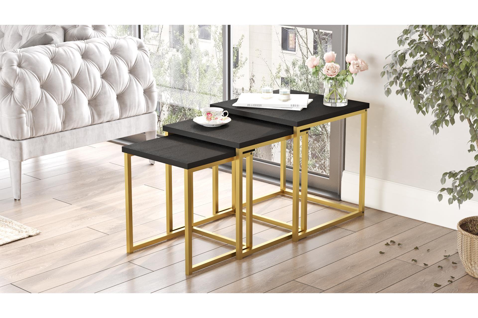 ATLANTİS METAL SEHPA, ÜÇLÜ, GOLD SİYAH FİYATI - Vivense