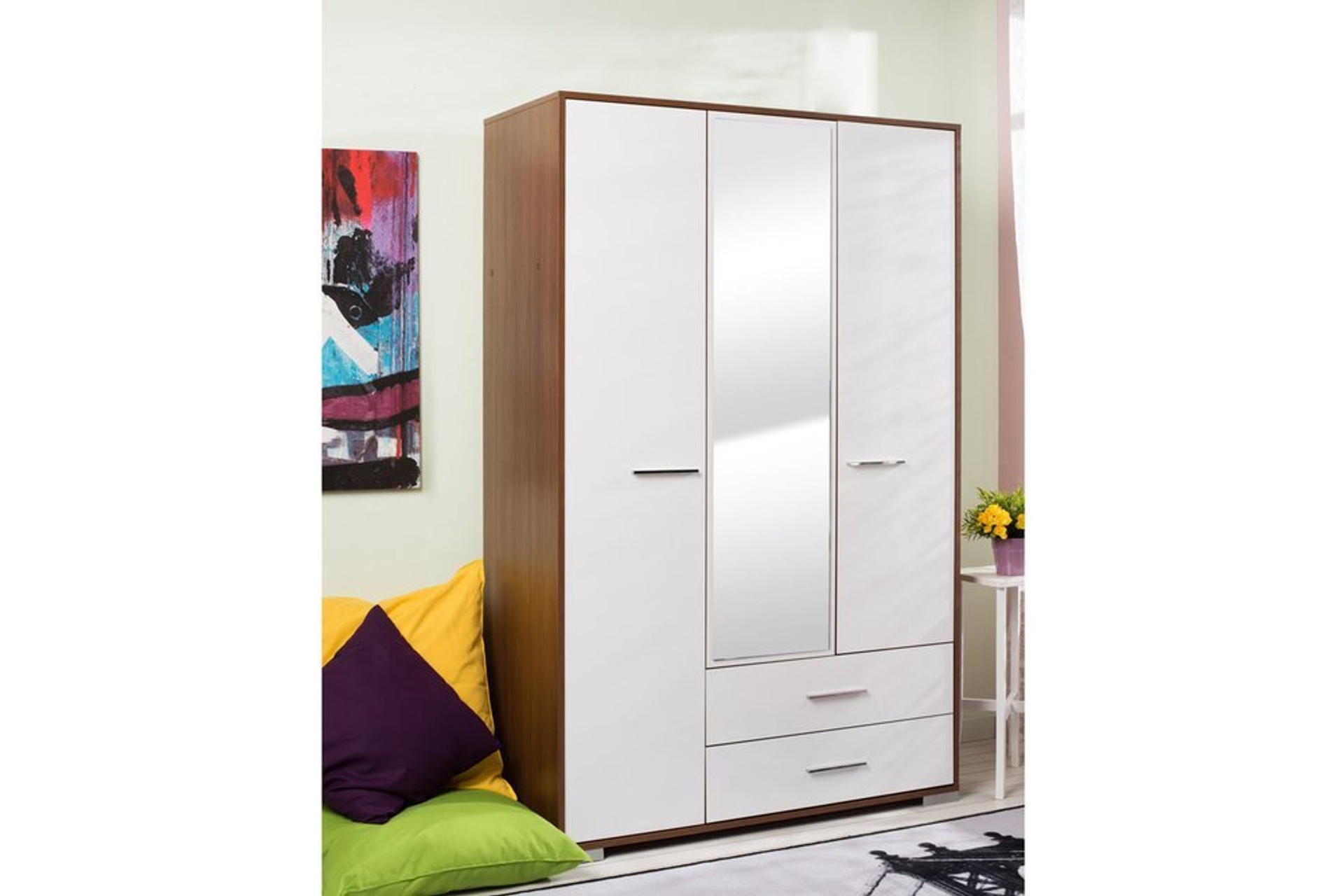 ADORE MADRİD 3 KAPILI 2 ÇEKMECELİ AYNALI GARDIROP CEVİZ LAKE BEYAZ ...