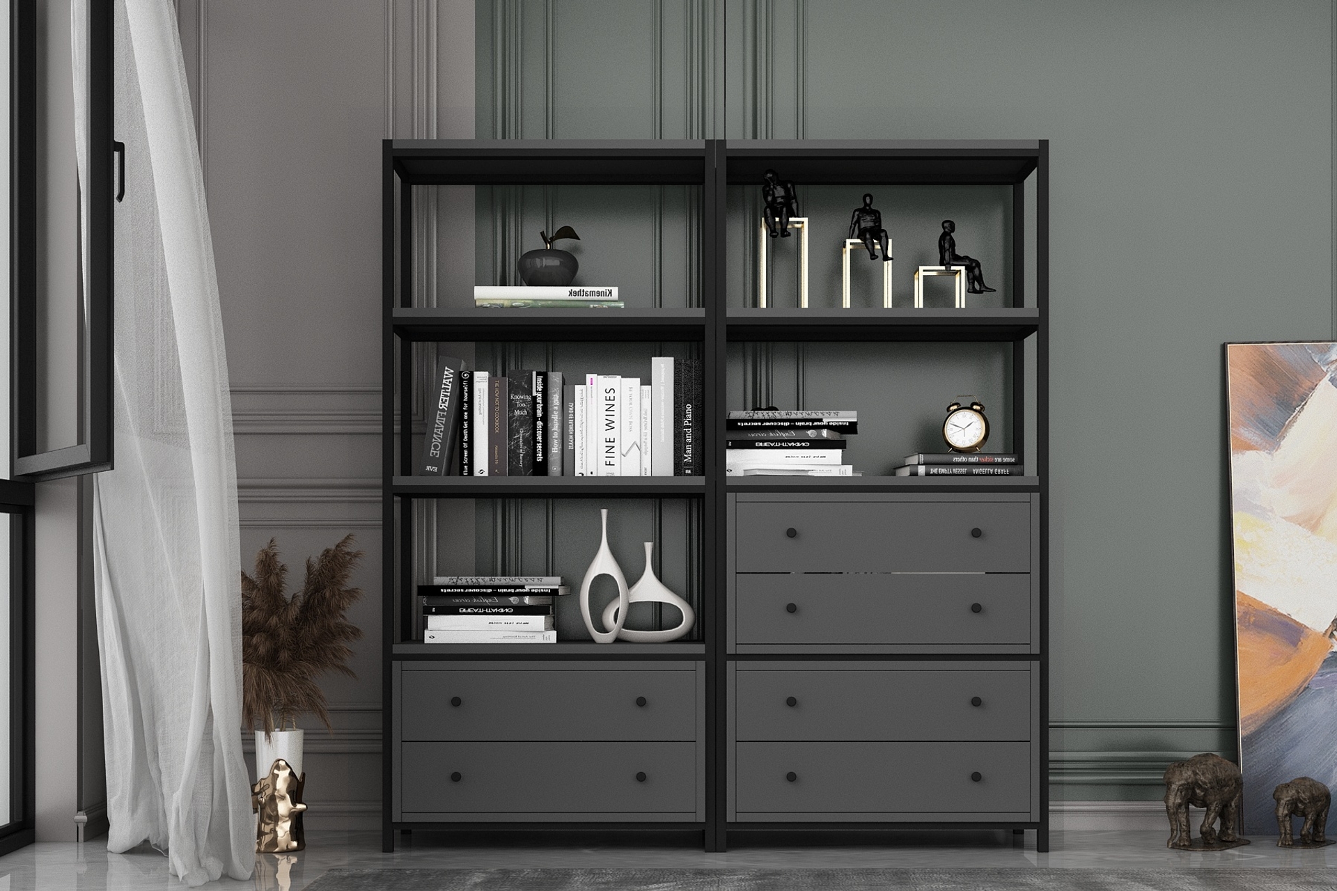 STELL RAFLI DÖRT KATLI ALTI ÇEKMECELİ METAL KİTAPLIK, ANTRASİT, 138 CM ...