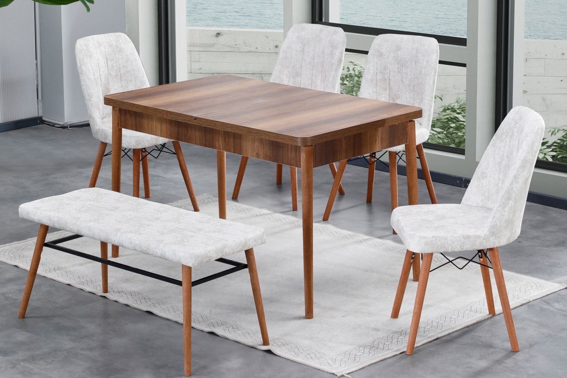 LAJMİX BAROK AÇILIR MUTFAK MASA TAKIMI, 4 SANDALYE+PUF, KREM, 130X80 ...