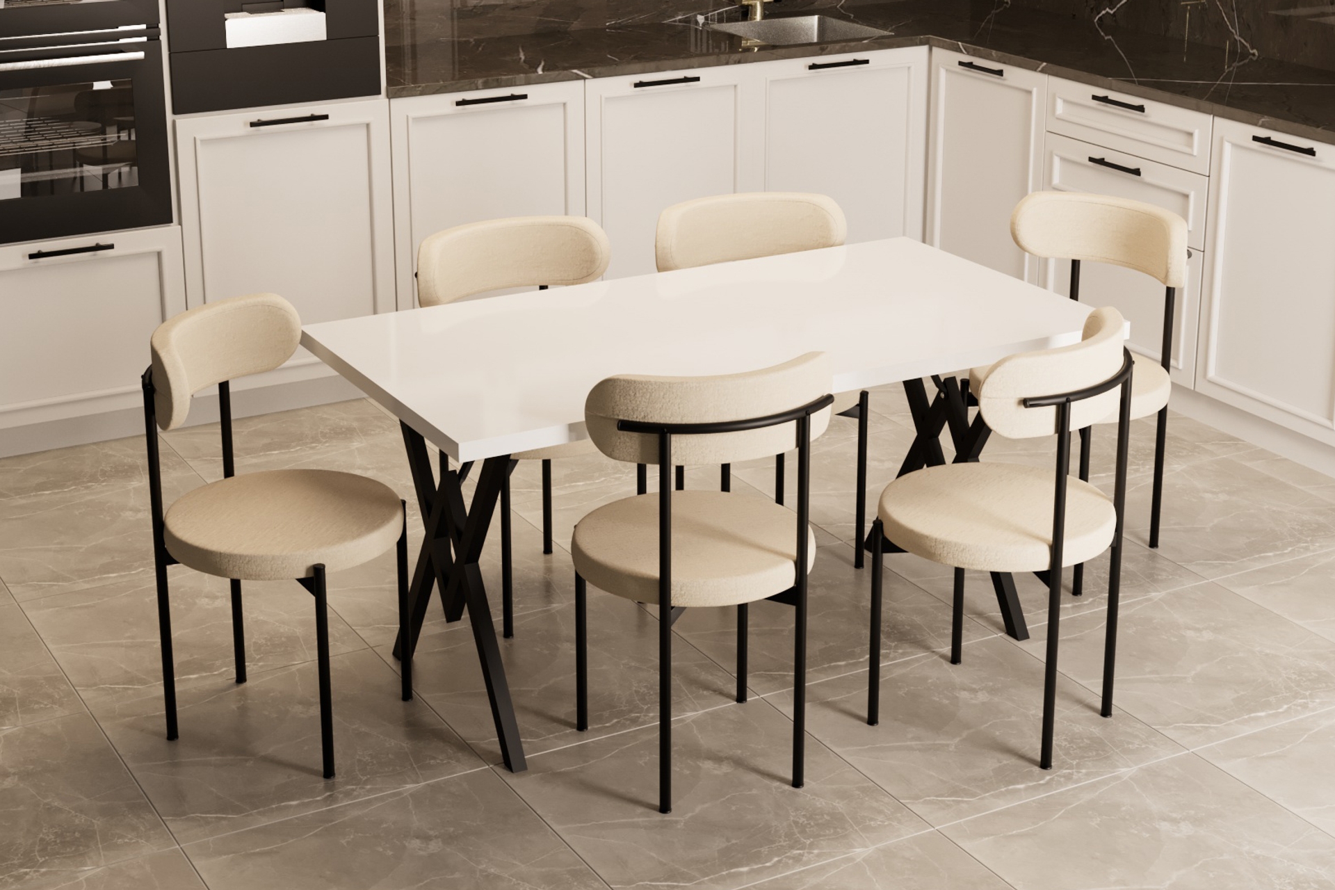 TREND MUTFAK MASA TAKIMI, BEYAZ MASA KREM SANDALYE, 80X150 FİYATI - Vivense