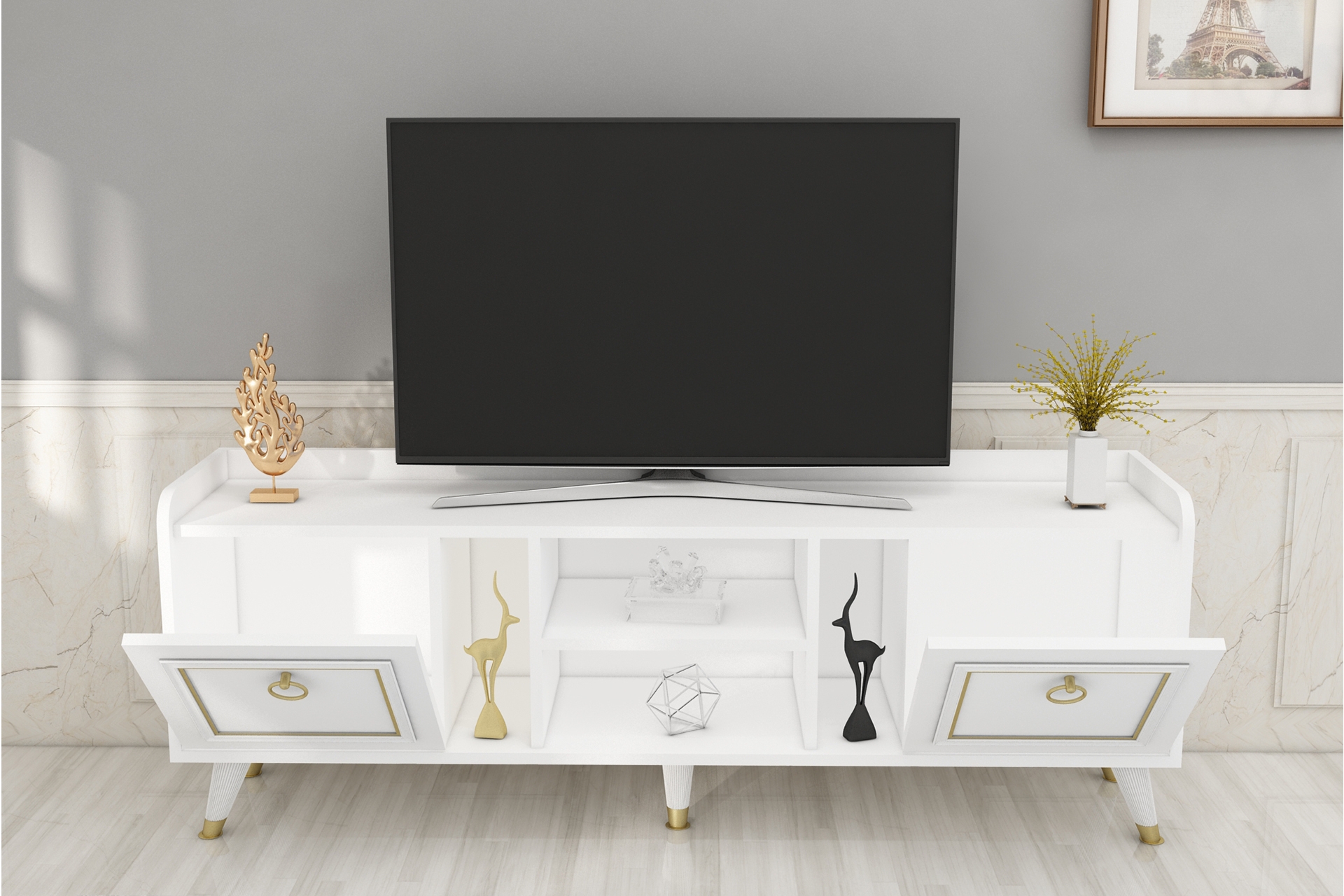 RUDY ALT TV ÜNİTESİ, BEYAZ GOLD, 150 CM