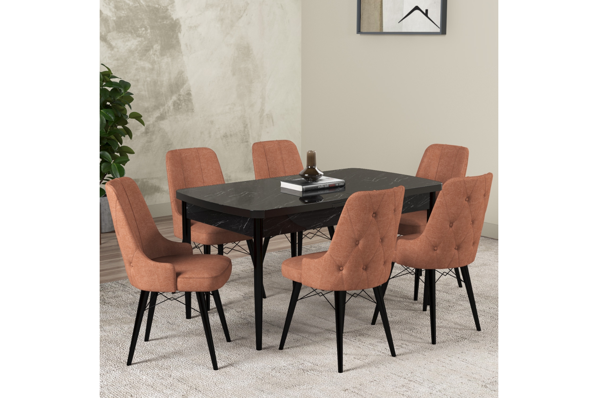 HERA SERİSİ 1 MASA + 6 SANDALYE MUTFAK MASA TAKIMI 417, MERMER ...