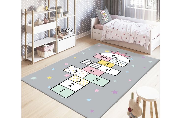 Jungle Hopscotch Print Children Rug, 100 x 150 cm, Grey | Vivense London